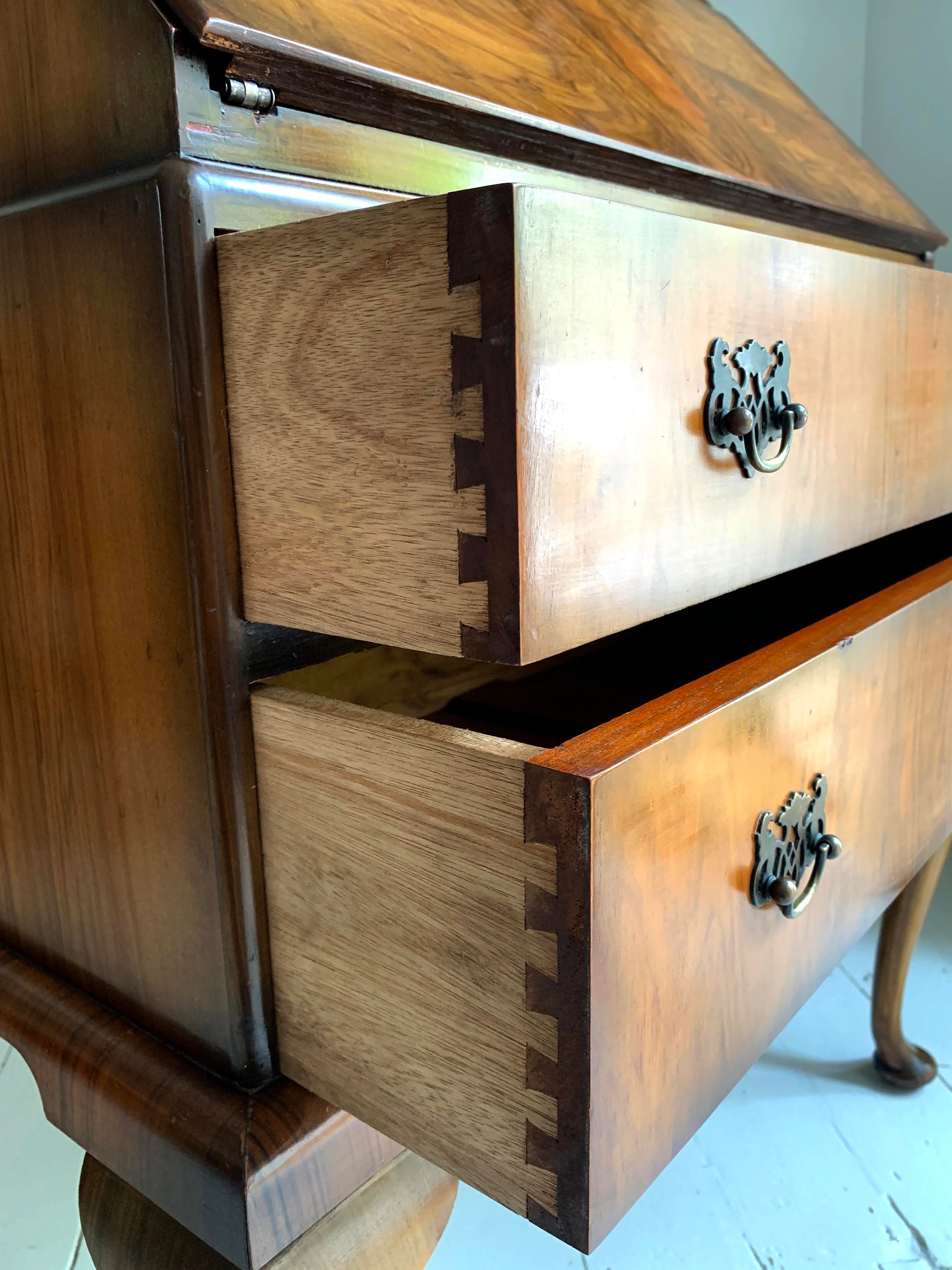Vintage Walnut Burr Veneer Two Drawer Bureau With Queen Anne Legs & Se ...