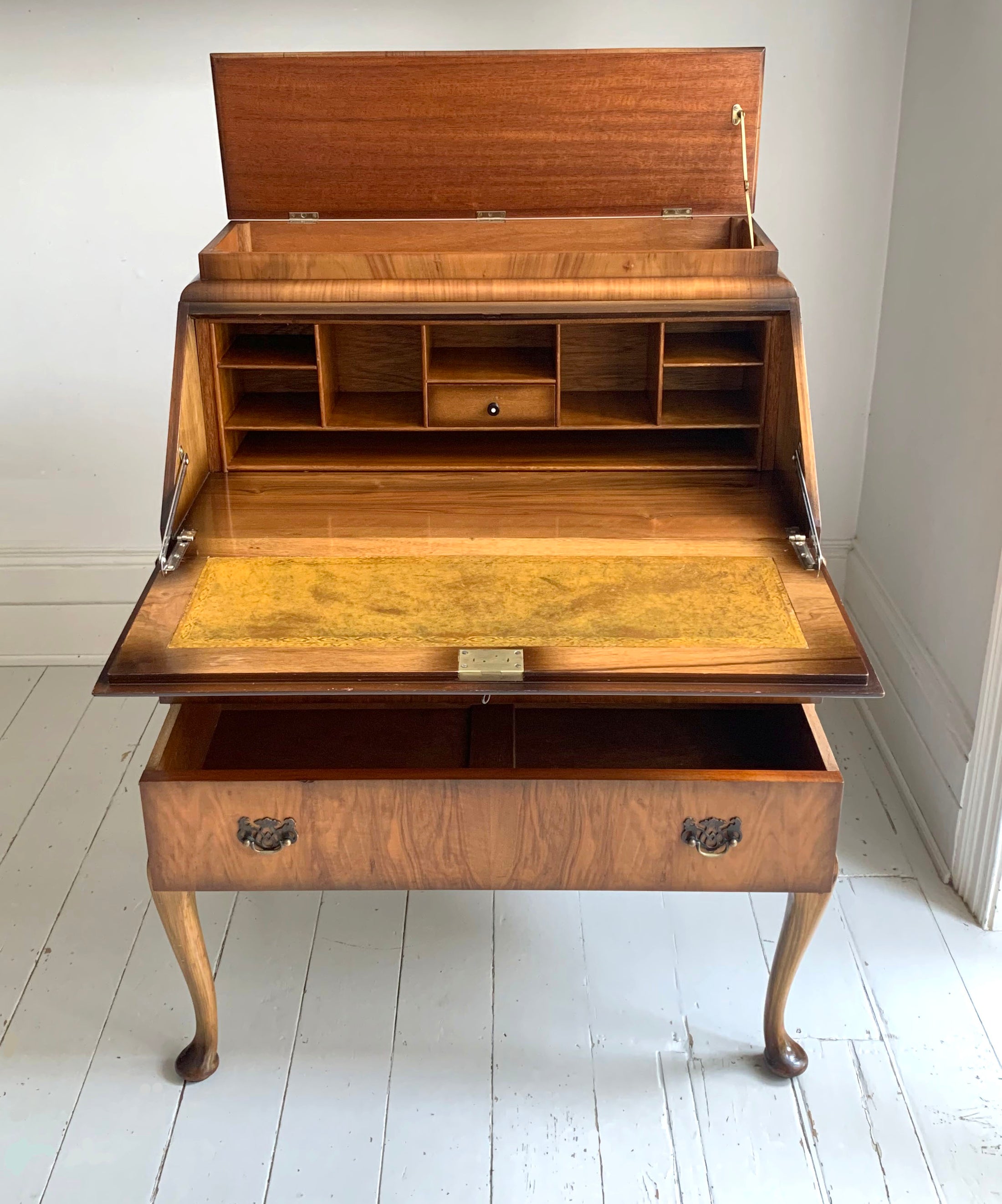 Vintage Walnut Burr Veneer Two Drawer Bureau With Queen Anne Legs & Se ...